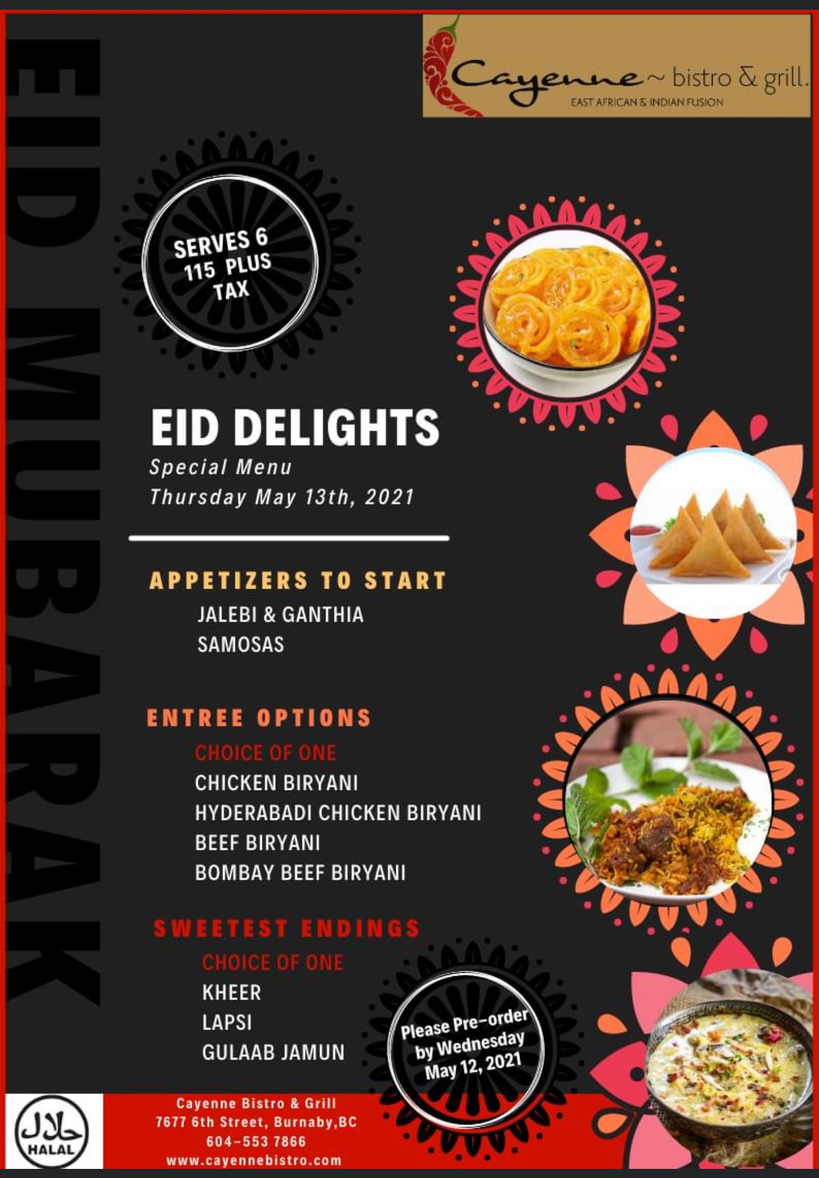 Special Occasion Take Away Menu - Cayenne Bistro and Grill